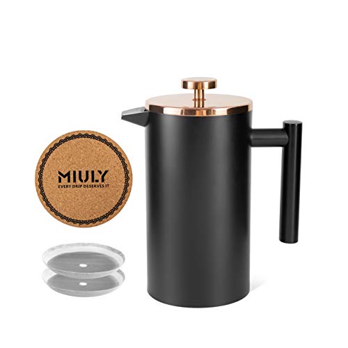 Miuly Large Coffee Press 34oz,Double Wall Insulated Black Stainless Steel French Press with Rose Gold Lid 2 Extra Filter and Coaster Mat(34oz, Black)