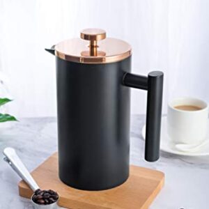 Miuly Large Coffee Press 34oz,Double Wall Insulated Black Stainless Steel French Press with Rose Gold Lid 2 Extra Filter and Coaster Mat(34oz, Black)