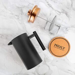 Miuly Large Coffee Press 34oz,Double Wall Insulated Black Stainless Steel French Press with Rose Gold Lid 2 Extra Filter and Coaster Mat(34oz, Black)