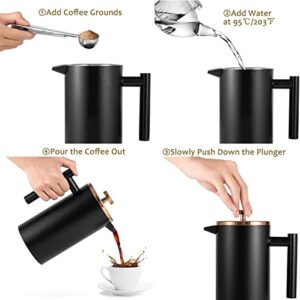 Miuly Large Coffee Press 34oz,Double Wall Insulated Black Stainless Steel French Press with Rose Gold Lid 2 Extra Filter and Coaster Mat(34oz, Black)