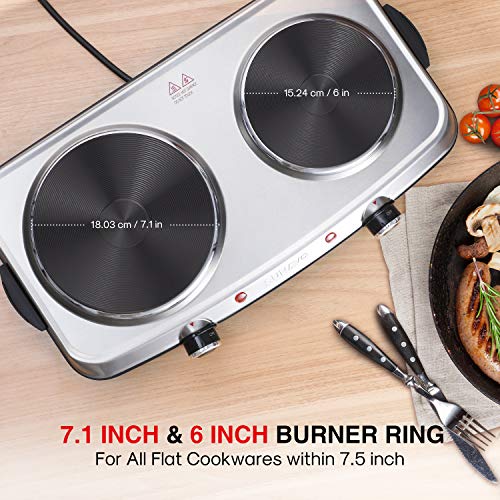 SUNAVO Hot Plates for Cooking, 1800W Electric Double Burner with Handles, 6 Power Levels Stainless Steel Hot Plate for Kitchen Camping RV Cast Iron