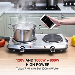 SUNAVO Hot Plates for Cooking, 1800W Electric Double Burner with Handles, 6 Power Levels Stainless Steel Hot Plate for Kitchen Camping RV Cast Iron