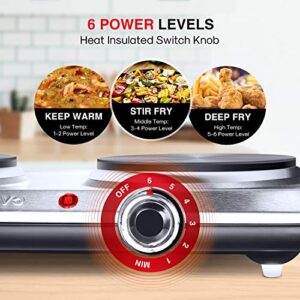 SUNAVO Hot Plates for Cooking, 1800W Electric Double Burner with Handles, 6 Power Levels Stainless Steel Hot Plate for Kitchen Camping RV Cast Iron