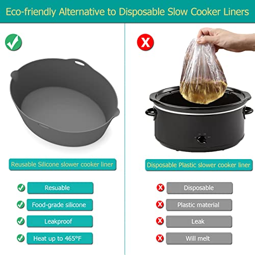 Silicone Slow Cooker Liners for Crock-Pot 7 Quart Crock Pot Liner Reusable 7QT Oval Cooking Liner BPA-Free Leakproof Dishwasher Safe(Gray)