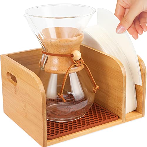 PrimZooty Bamboo Caddy for Chemex CoffeeMakers - with Heatproof trivets mat, Designed for Chemex Pour-Over Glass Coffeemaker(3/5/6/8/10Cup), for Bodum Pour Over Coffee makers(4/8Cup)