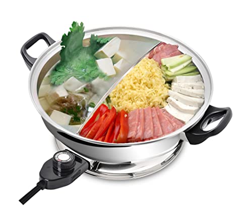 YONGXIN Electric Hot Pot JH-160B-30cm with Divider 304 Stainless Steel, 1400W Dual-Sided Shabu Hot Pot, 4 Liters