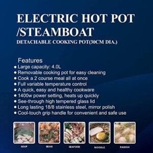 YONGXIN Electric Hot Pot JH-160B-30cm with Divider 304 Stainless Steel, 1400W Dual-Sided Shabu Hot Pot, 4 Liters