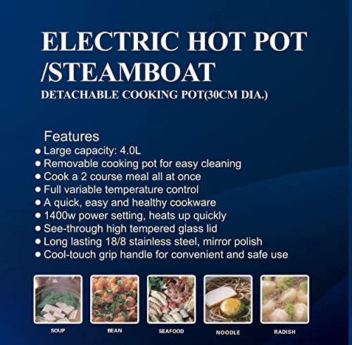 YONGXIN Electric Hot Pot JH-160B-30cm with Divider 304 Stainless Steel, 1400W Dual-Sided Shabu Hot Pot, 4 Liters