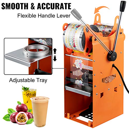 VEVOR Manual Tea Cup Sealer Machine, 300-500 Cup/h Manual Boba Tea Sealer Machine, Orange, 90/95mm Cup Diameter Cup Sealing Machine with Heating Technology for Bubble Milk Tea