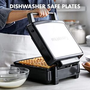 GreenPan Elite 4-Square Belgian & Classic Waffle Iron, Healthy Ceramic Nonstick Aluminum Dishwasher Safe Plates, Adjustable Shade/Crunch Controls, Wont Overflow, Easy Cleanup Breakfast, Black