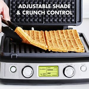 GreenPan Elite 4-Square Belgian & Classic Waffle Iron, Healthy Ceramic Nonstick Aluminum Dishwasher Safe Plates, Adjustable Shade/Crunch Controls, Wont Overflow, Easy Cleanup Breakfast, Black