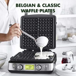 GreenPan Elite 4-Square Belgian & Classic Waffle Iron, Healthy Ceramic Nonstick Aluminum Dishwasher Safe Plates, Adjustable Shade/Crunch Controls, Wont Overflow, Easy Cleanup Breakfast, Black