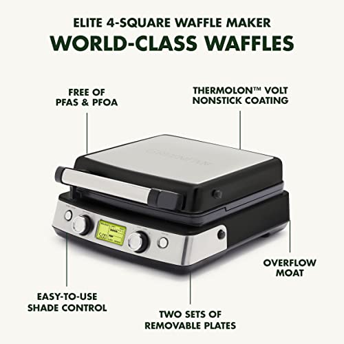 GreenPan Elite 4-Square Belgian & Classic Waffle Iron, Healthy Ceramic Nonstick Aluminum Dishwasher Safe Plates, Adjustable Shade/Crunch Controls, Wont Overflow, Easy Cleanup Breakfast, Black