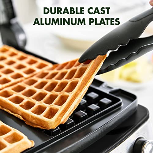 GreenPan Elite 4-Square Belgian & Classic Waffle Iron, Healthy Ceramic Nonstick Aluminum Dishwasher Safe Plates, Adjustable Shade/Crunch Controls, Wont Overflow, Easy Cleanup Breakfast, Black