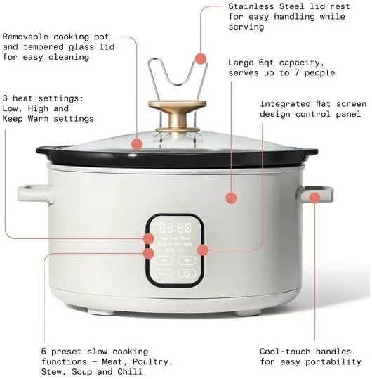 Touchscreen Slow Cooker, Kitchenware by Drew Barrymore 6QT Programmable Cooker with Touch-Activated Display (White Icing)