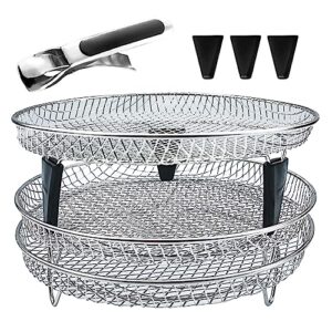 upgrade air fryer rack, three stackable dehydrator racks for gowise phillips usa cozyna ninja airfryer,stainless steel round air fryer rack fit all 4.2qt - 5.8qt air fryer,oven,press cooker (round)