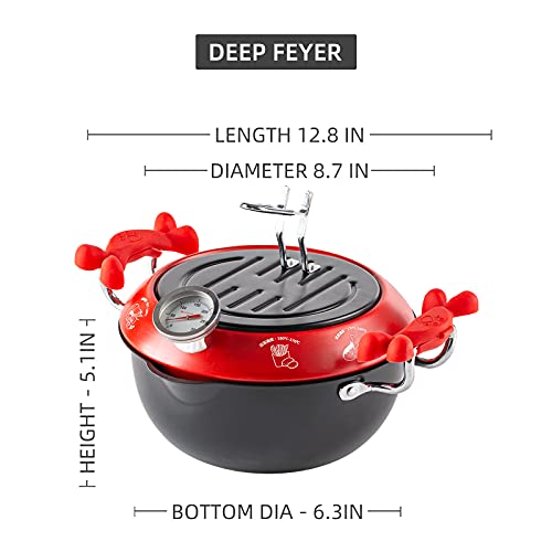 Deep Fryer Pot, Japanese Style Tempura Stainless Steel Outdoor Deep Fry Pot with Thermometer Lid Household Non-stick Frying Pot for Kitchen (Red, 12.8 * 6in 3.5 Quart)