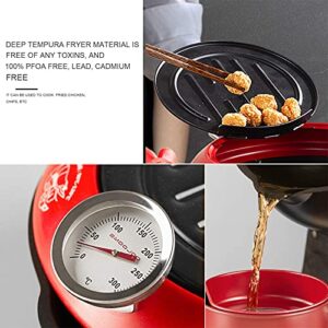 Deep Fryer Pot, Japanese Style Tempura Stainless Steel Outdoor Deep Fry Pot with Thermometer Lid Household Non-stick Frying Pot for Kitchen (Red, 12.8 * 6in 3.5 Quart)