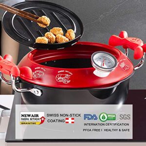 Deep Fryer Pot, Japanese Style Tempura Stainless Steel Outdoor Deep Fry Pot with Thermometer Lid Household Non-stick Frying Pot for Kitchen (Red, 12.8 * 6in 3.5 Quart)