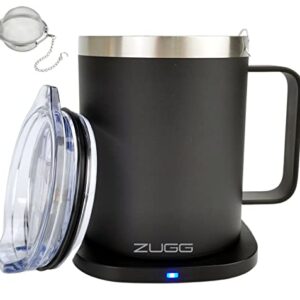 ZUGG Coffee Mug Warmer with Self-Warming Insulated Drink Cup, Home and Office Desk Accessory with Qi Heater, Double Wall Stainless Steel, Premium 2 Pc. Gift Set (Black)