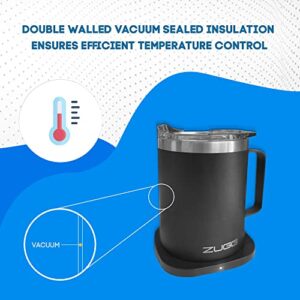 ZUGG Coffee Mug Warmer with Self-Warming Insulated Drink Cup, Home and Office Desk Accessory with Qi Heater, Double Wall Stainless Steel, Premium 2 Pc. Gift Set (Black)