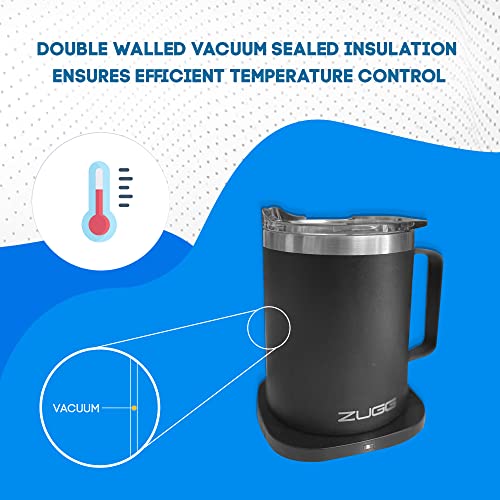 ZUGG Coffee Mug Warmer with Self-Warming Insulated Drink Cup, Home and Office Desk Accessory with Qi Heater, Double Wall Stainless Steel, Premium 2 Pc. Gift Set (Black)