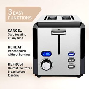 Toaster 2 Slice, KETIAN Wide Slot Toaster Stainless Steel, Countdown Timer, Cancel Reheat Defrost Function, 6 Browning Settings, Removable Crumb Tray,800 watts