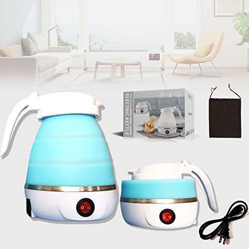 Travel Foldable Electric Kettle Ultrathin Food Grade Silicone Kettle with Separable Power Cord and Handle Boil Dry Protection and Easy for Storage Collapsible Heating Boiler for Coffee Tea (Blue)