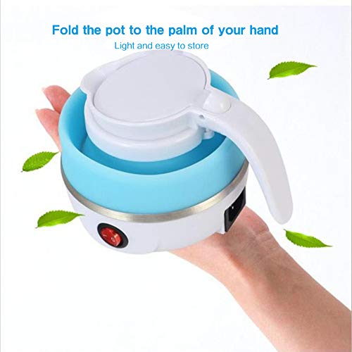 Travel Foldable Electric Kettle Ultrathin Food Grade Silicone Kettle with Separable Power Cord and Handle Boil Dry Protection and Easy for Storage Collapsible Heating Boiler for Coffee Tea (Blue)