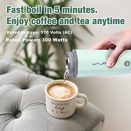 WTJMOV Portable Electric Kettle, Small Travel Electric Tea Kettle Fast Water Boil Automatic Shut-Off 350ML Mini Cup (Light Green)