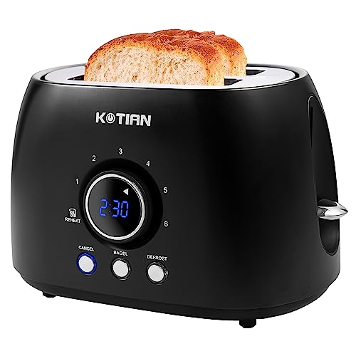 Toaster 2 Slice,KOTIAN Retro Toaster,1.5" Extra Wide Slot,Stainless Steel Toasters, Bagel,Defrost,Reheat,Cancel Function, 6 Toast Settings, Digital Timer,Removable Tray,Matte Black