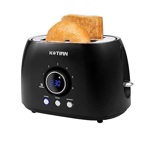 Toaster 2 Slice,KOTIAN Retro Toaster,1.5" Extra Wide Slot,Stainless Steel Toasters, Bagel,Defrost,Reheat,Cancel Function, 6 Toast Settings, Digital Timer,Removable Tray,Matte Black