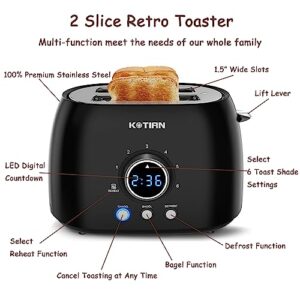 Toaster 2 Slice,KOTIAN Retro Toaster,1.5" Extra Wide Slot,Stainless Steel Toasters, Bagel,Defrost,Reheat,Cancel Function, 6 Toast Settings, Digital Timer,Removable Tray,Matte Black