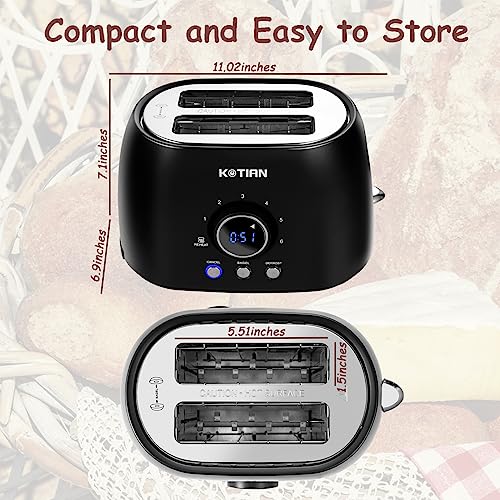 Toaster 2 Slice,KOTIAN Retro Toaster,1.5" Extra Wide Slot,Stainless Steel Toasters, Bagel,Defrost,Reheat,Cancel Function, 6 Toast Settings, Digital Timer,Removable Tray,Matte Black