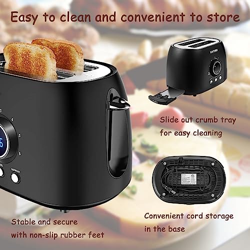 Toaster 2 Slice,KOTIAN Retro Toaster,1.5" Extra Wide Slot,Stainless Steel Toasters, Bagel,Defrost,Reheat,Cancel Function, 6 Toast Settings, Digital Timer,Removable Tray,Matte Black