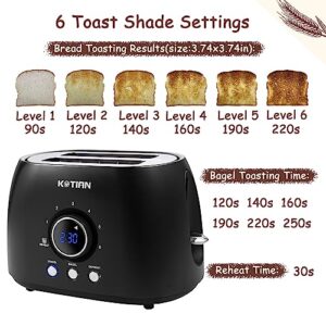 Toaster 2 Slice,KOTIAN Retro Toaster,1.5" Extra Wide Slot,Stainless Steel Toasters, Bagel,Defrost,Reheat,Cancel Function, 6 Toast Settings, Digital Timer,Removable Tray,Matte Black