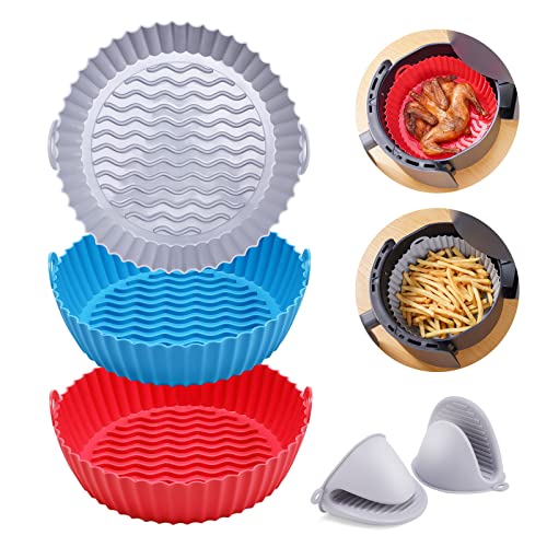 3-Pack Air Fryer Silicone Pot, Silicone gloves，8.0 Inch Air Fryer Basket, Food Grade Air Fryer Accessories, Reusable Air Fryer Liner,Easy Clean-Up for 3 to 5 QT silicone air fryer liners