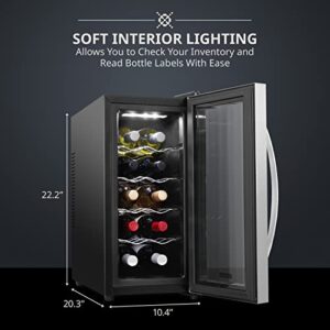 Schmécké 10 Bottle Thermoelectric Wine Cooler/Chiller - Stainless Steel - Counter Top Red & White Wine Cellar w/Digital Temperature, Freestanding Refrigerator Smoked Glass Door Quiet Operation Fridge