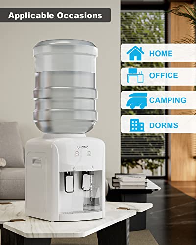 UMOMO Top Loading Water Cooler Dispenser, Countertop Water Cooler Dispenser, Holds 3 or 5 Gallon Bottle, Hot & Cold Water, for Home and Office Use, White(Water Bottle NOT Included)