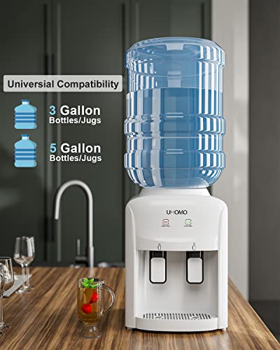 UMOMO Top Loading Water Cooler Dispenser, Countertop Water Cooler Dispenser, Holds 3 or 5 Gallon Bottle, Hot & Cold Water, for Home and Office Use, White(Water Bottle NOT Included)