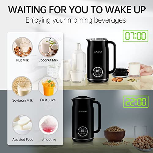 Nut Milk Maker, AlfaBot Soy Milk Machine Automatic Almond Milk Machine for Homemade Plant-Based Milk, Oat, Soy, Almond Cow and Dairy Free Beverages, 20 oz Soy Milk Maker with Delay Start/Keep Warm/Self-Cleaning, Black