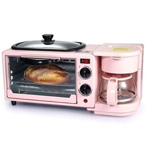 3 in 1 breakfast maker station toaster oven with 30-min timer, heat selector mode, 4-cup coffeemaker, griddle, toaster oven, pink