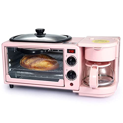 3 in 1 Breakfast Maker Station Toaster Oven with 30-Min Timer, Heat Selector Mode, 4-Cup Coffeemaker, Griddle, Toaster Oven, pink