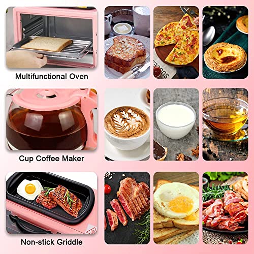 3 in 1 Breakfast Maker Station Toaster Oven with 30-Min Timer, Heat Selector Mode, 4-Cup Coffeemaker, Griddle, Toaster Oven, pink