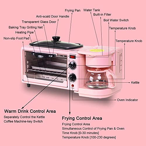 3 in 1 Breakfast Maker Station Toaster Oven with 30-Min Timer, Heat Selector Mode, 4-Cup Coffeemaker, Griddle, Toaster Oven, pink