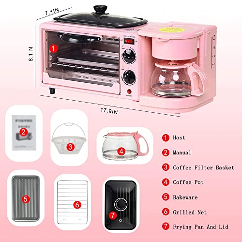 3 in 1 Breakfast Maker Station Toaster Oven with 30-Min Timer, Heat Selector Mode, 4-Cup Coffeemaker, Griddle, Toaster Oven, pink