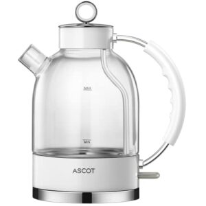 ascot electric kettle, glass electric tea kettle gifts for men/women/family 1.6l 1500w borosilicate glass tea heater, with auto shut-off and boil-dry protection (polar white)