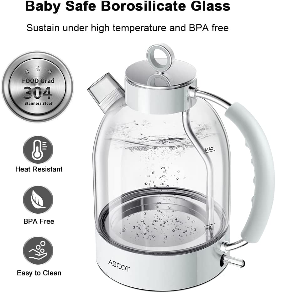 ASCOT Electric Kettle, Glass Electric Tea Kettle Gifts for Men/Women/Family 1.6L 1500W Borosilicate Glass Tea Heater, with Auto Shut-Off and Boil-Dry Protection (Polar White)