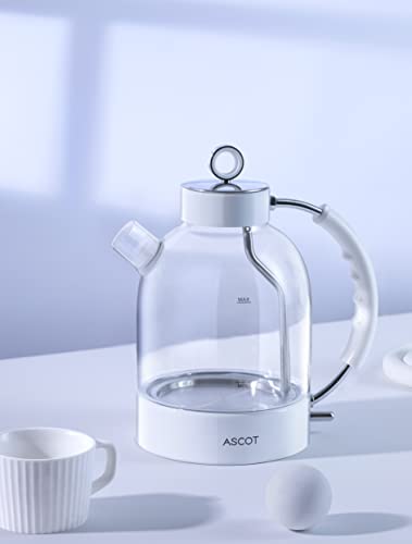 ASCOT Electric Kettle, Glass Electric Tea Kettle Gifts for Men/Women/Family 1.6L 1500W Borosilicate Glass Tea Heater, with Auto Shut-Off and Boil-Dry Protection (Polar White)