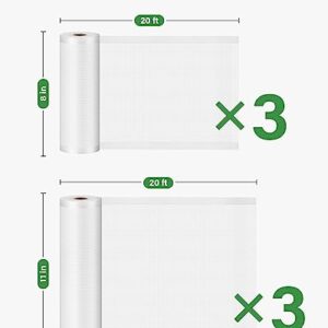 Kootek Vacuum Sealer Bags, 3 Rolls 8"x20' and 3 Rolls 11"x20' (6 Pack, Total 120 feet), Commercial Grade, BPA Free Food Vac Bags Rolls for Storage, Meal Prep or Sous Vide